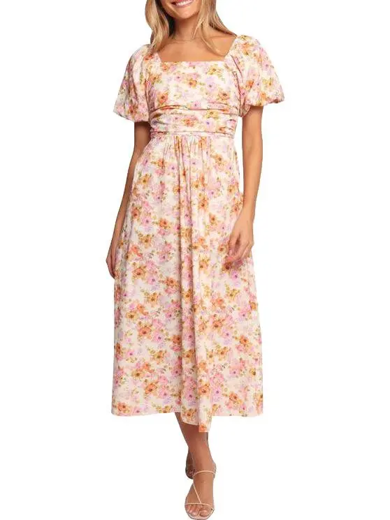PETAL & PUP Floral Puff Sleeve Cotton Midi Dress - Peach Floral