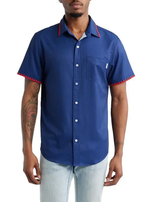 MAVRANS Weekend Crochet Trim Short Sleeve Performance Button-up Shirt - Navy