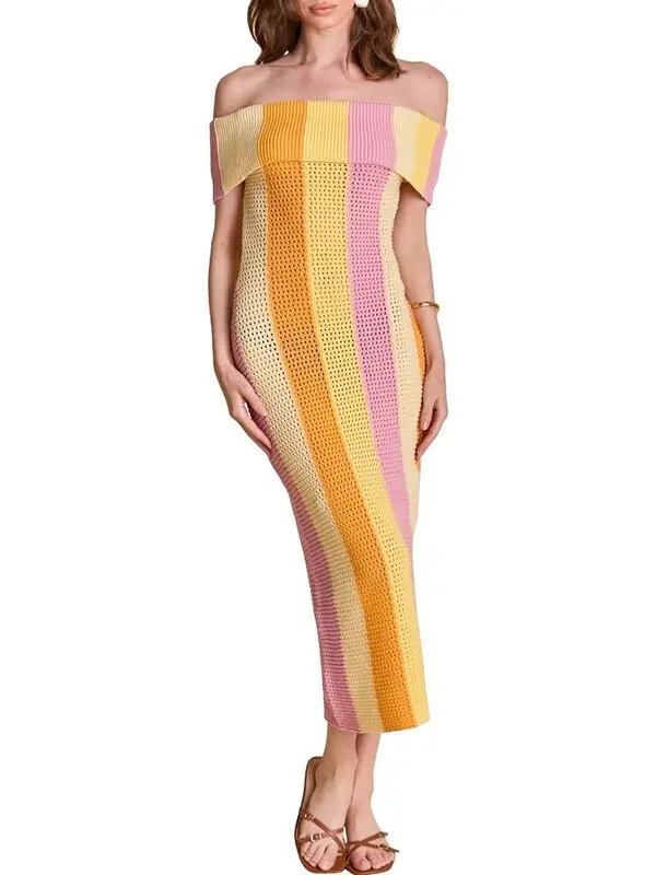 Endless Rose Off-the-shoulder Striped Knit Dress - Sunrise
