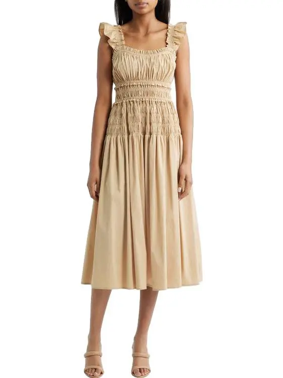 Anne Klein Smocked Ruffle Trim Midi Dress - Desert Tan