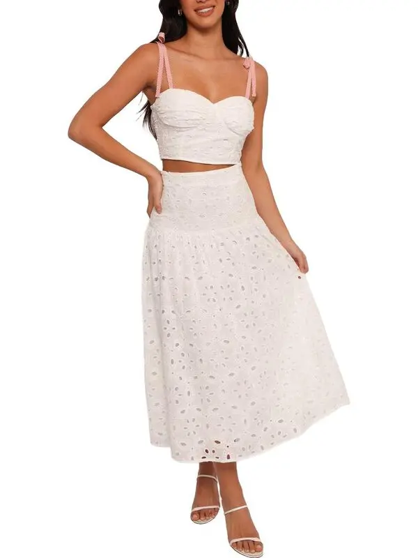 PETAL & PUP Kara Eyelet Cotton Bustier Crop Top & Maxi Skirt Set - White