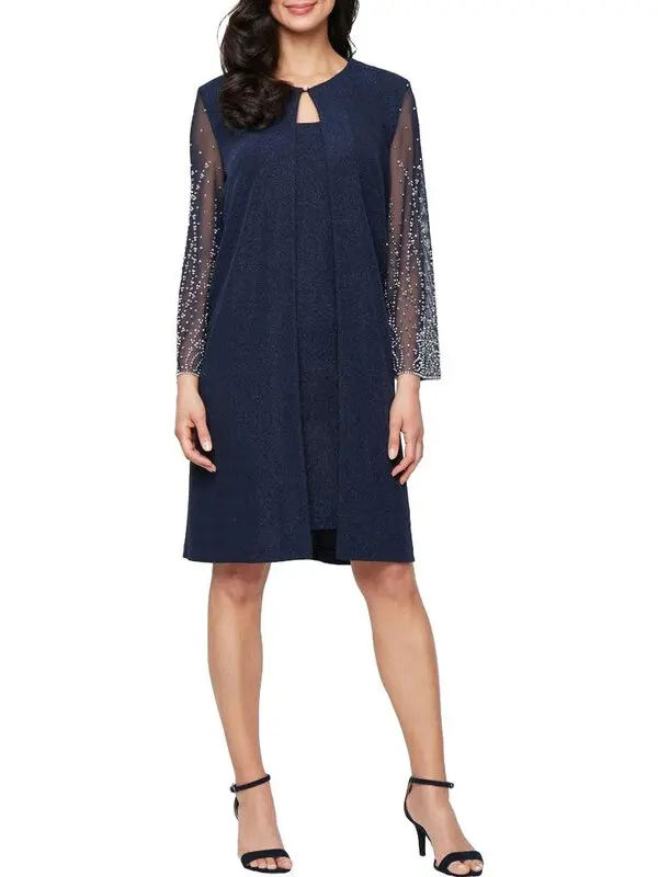 Alex Evenings Metallic Knit Cocktail Dress With Embellished Jacket - Dark Navy