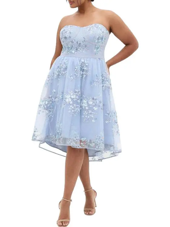 City Chic Ambrosia Sequin Floral Print High-low Dress - Soft Blue
