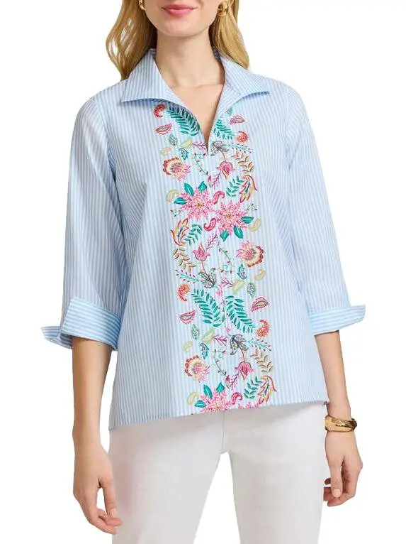 Foxcroft Striped Cotton Button-up Shirt With Floral Embroidery - Blue Multi
