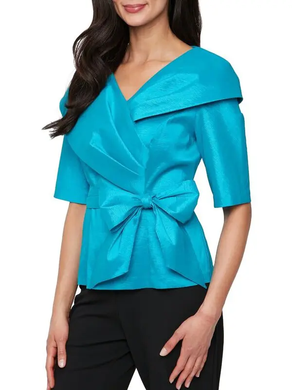 Alex Evenings Tie Side Faux Wrap Top - Aqua