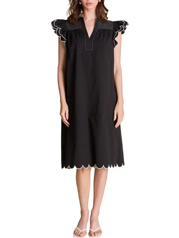 English Factory Scallop Hem Midi Dress - Black/ White