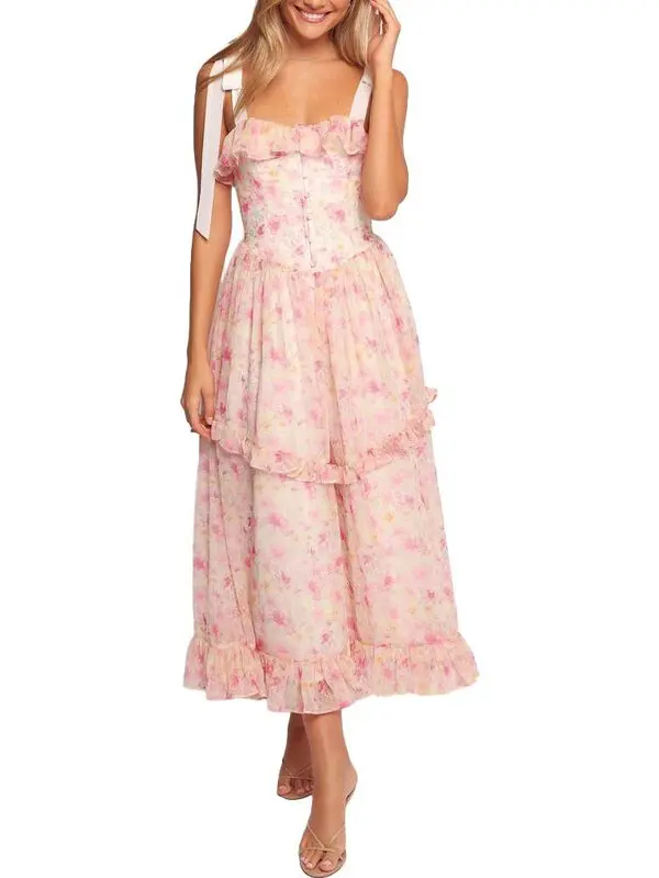 PETAL & PUP Zenith Ruffle Tie Strap Maxi Dress - Pink