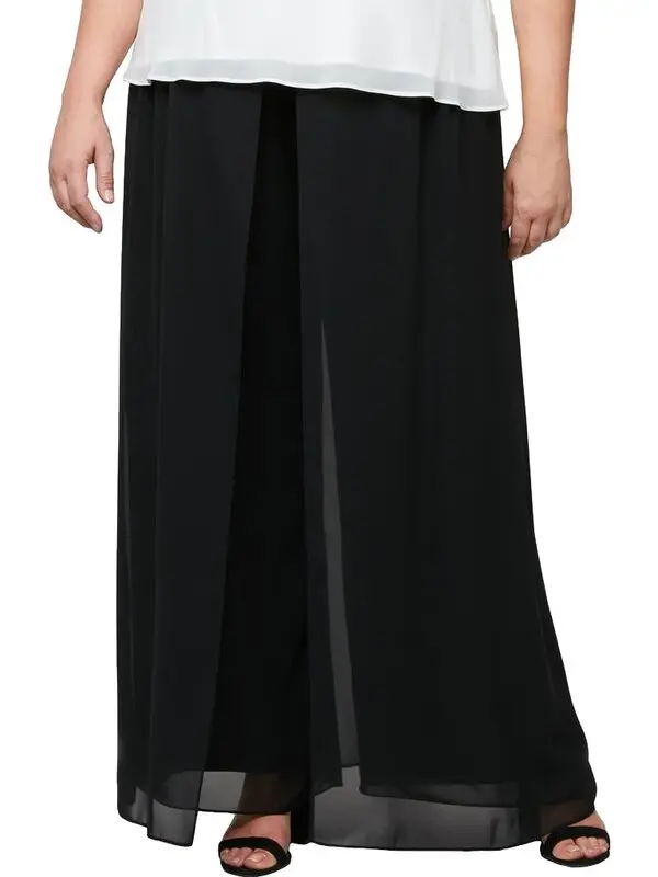 Alex Evenings Wide Leg Pants With Mesh Skirt Overlay - Black
