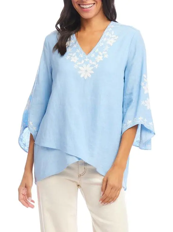 Karen Kane Floral Embroidered Linen-blend Top - Lake