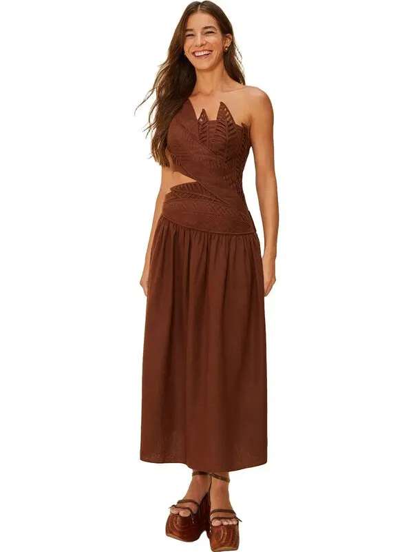 Farm Rio Leaves Cut-out Lenzing™ Ecovero™ Euroflax™ Midi Dress - Burgundy