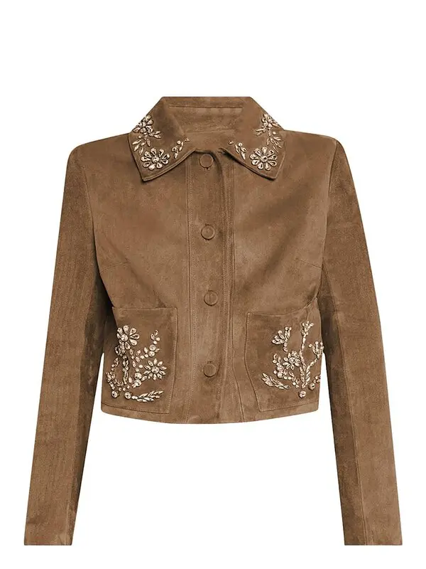 Oscar De La Renta Crystal-embellished Suede Jacket - Dark Cognac