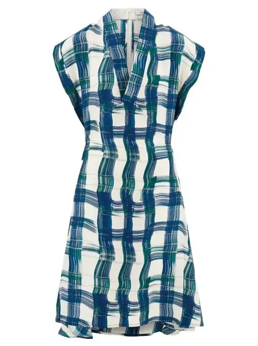 FERRAGAMO Stylized Tartan Print Silk Dress - Navy