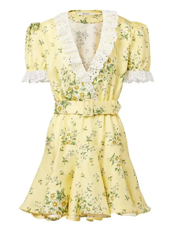 RODARTE Satin And Broderie Anglaise Minidress - Yellow