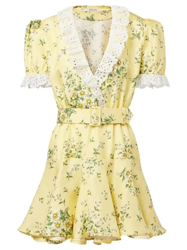 RODARTE Satin And Broderie Anglaise Minidress - Yellow