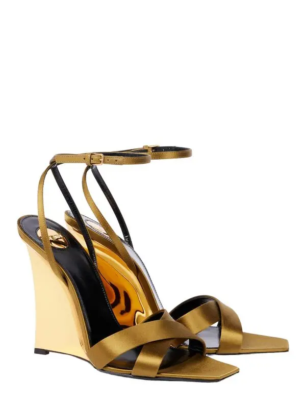 Saint Laurent Lucienne Crêpe Satin Wedge Sandals - Gold