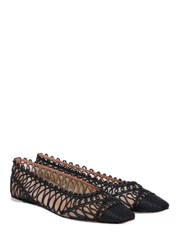 AQUAZZURA Kahlo Raffia And Mesh Ballet Flats - Black