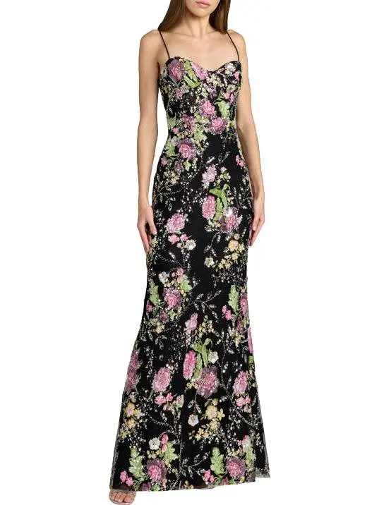Mac Duggal Embellished Bustier Floral Trumpet Gown - Black Multi