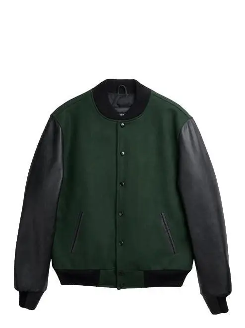 LAST WOLF Varsity Jacket With Leather Sleeves - Green / Black