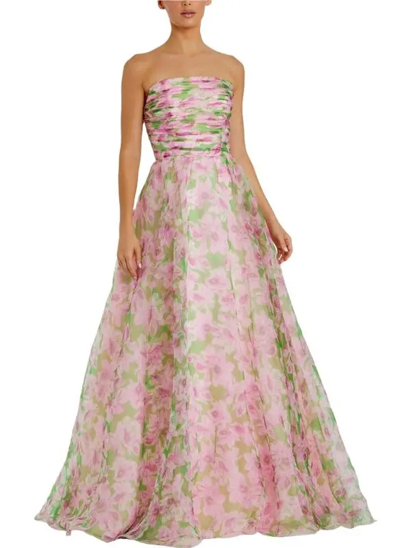 Mac Duggal Strapless Floral Chiffon Gown - Pink Multi