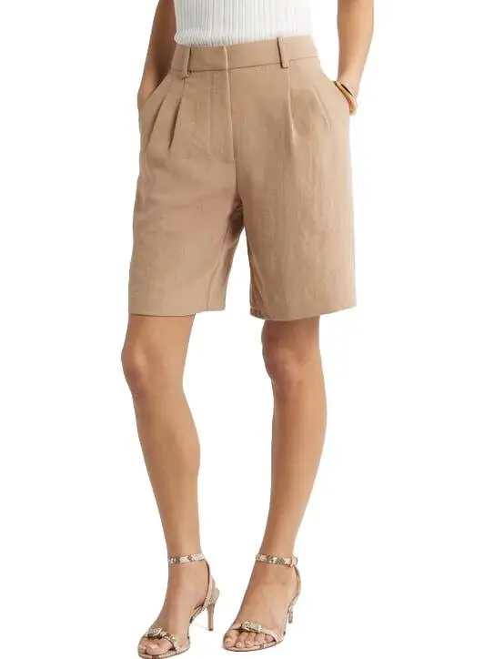 OPEN EDIT Pleated Bermuda Shorts - Tan Portabella