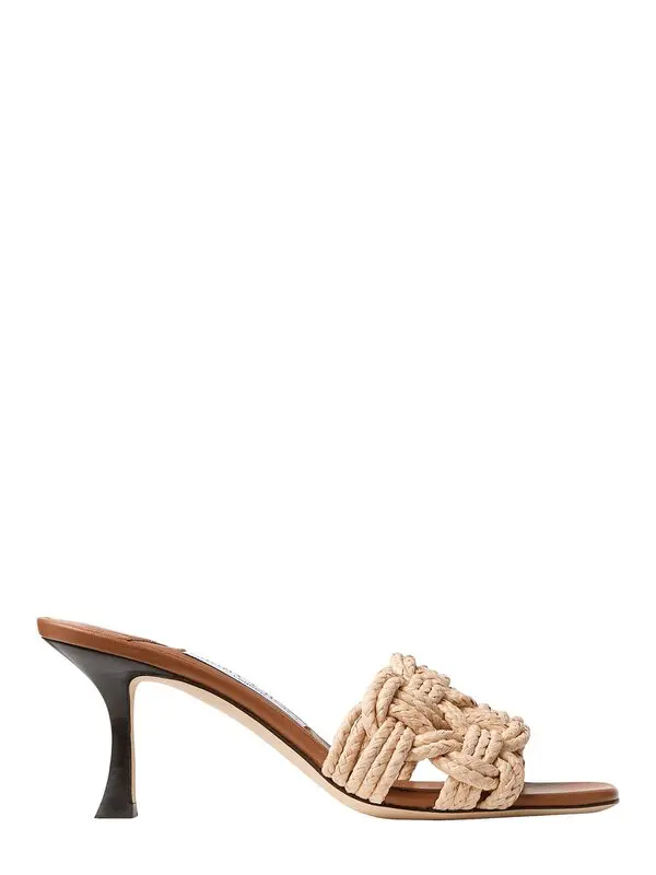 JIMMY CHOO Chara 70 Leather And Crochet Raffia Mule Sandal - Tan/natural