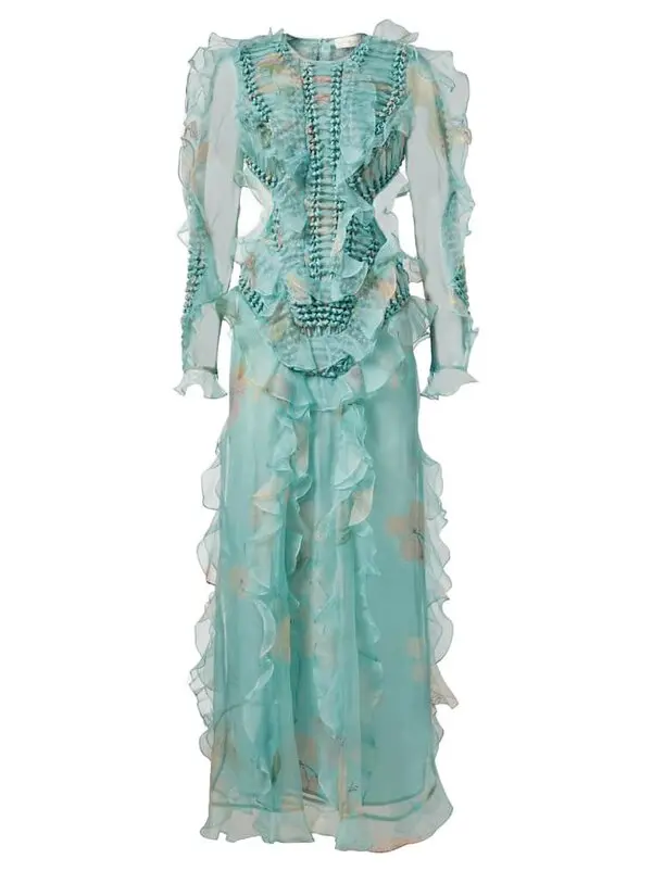 Zimmermann Illuminate Floral Ruffled Silk Organza Gown - Blue