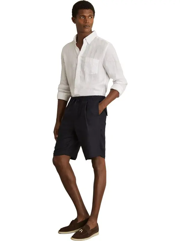 REISS Linen Drawstring Shorts - Navy