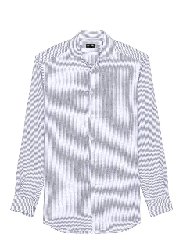 Zegna Oasi Lino Shirt In White - Navy Blue & White