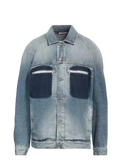 Palm Angels Denim Trucker Jacket With Leather Trim - Blue