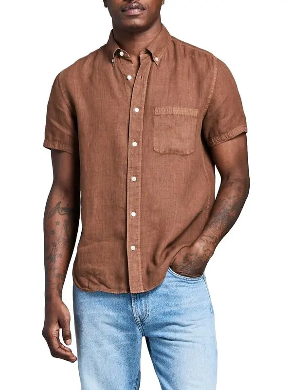 Billy Reid Tuscumbia Short Sleeve Linen Button-down Shirt - Oak Brown