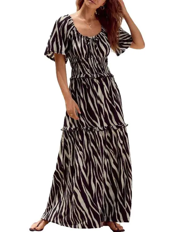 NEXT Zebra Print Tiered Maxi Dress - Black