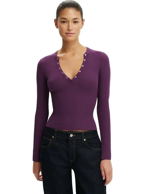 COTTON ON Ryan Henley Long Sleeve Top - Plum Pulse
