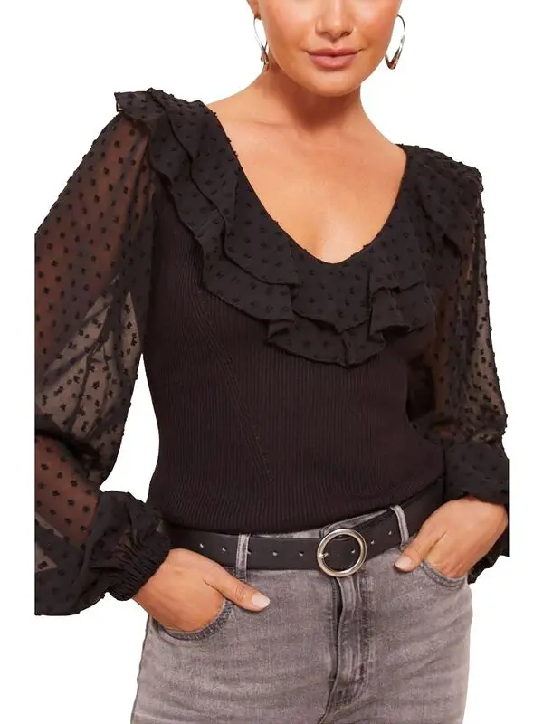 FRIENDS LIKE THESE Dobby Balloon Sleeve Rib Top - Black