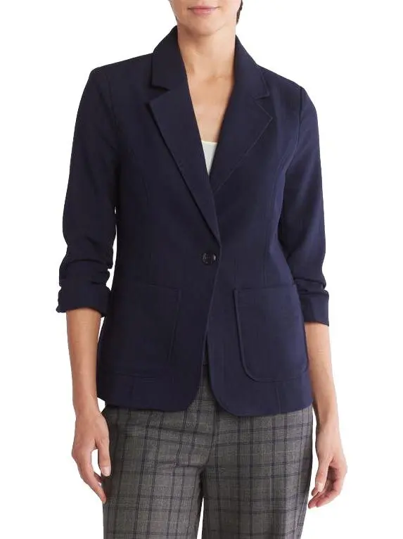 Amanda & Chelsea One-button Blazer With Ruched Sleeves - Navy