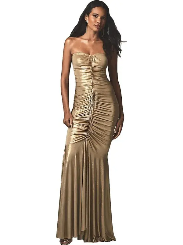 Norma Kamali Strapless Sweetheart Shirred Fishtail Maxi Dress - Gold