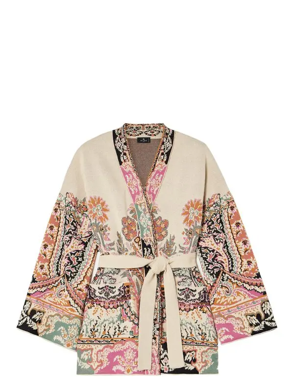 Etro Belted Silk, Cotton, And Linen-jacquard Cardigan - Cream