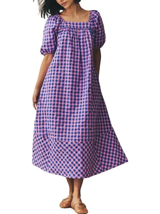 NEXT Gingham Seersucker Puff Sleeve Dress - Purple
