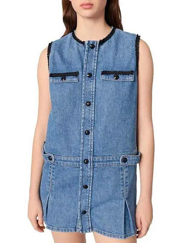 Maje Denim Shirt Dress With Embroidered Trim - Blue
