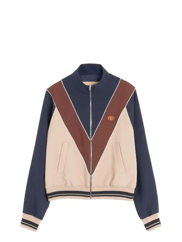 Valentino Garavani Nylon Zip-up Sweatshirt With Vlogo Patch - Blue/hazelnut/butter