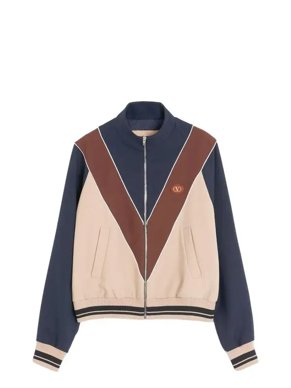 Valentino Garavani Nylon Zip-up Sweatshirt With Vlogo Patch - Blue/hazelnut/butter