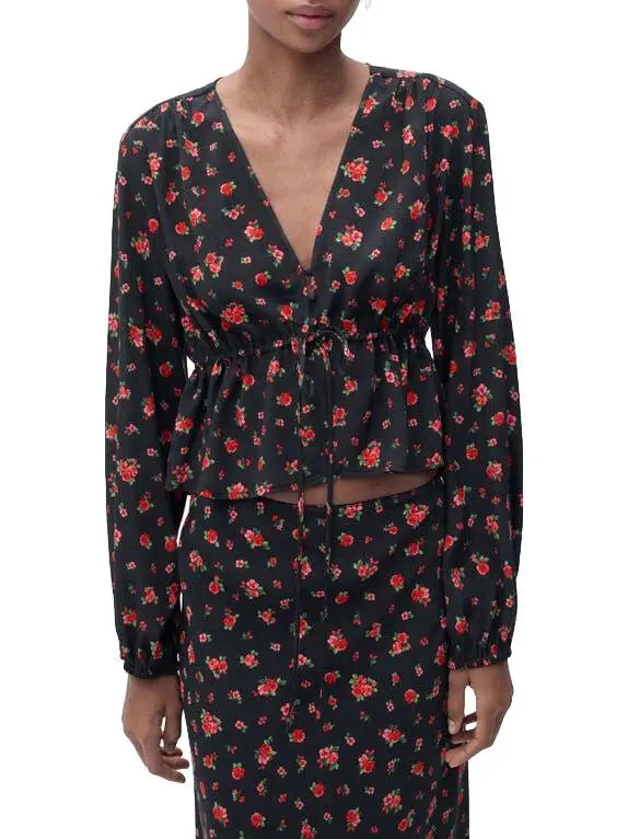 Mango Floral Tie-front Top - Black