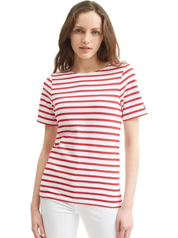 Saint James Levant Moderne Breton Stripe Short Sleeve Shirt - White/red