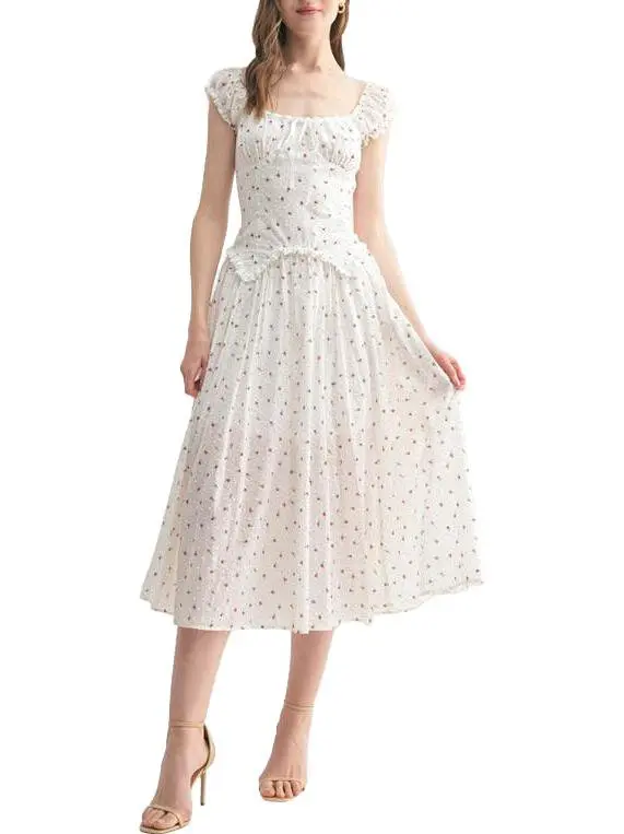 ALL IN FAVOR Floral Clip Dot Cotton Midi Dress - Ivory Red Ditsy