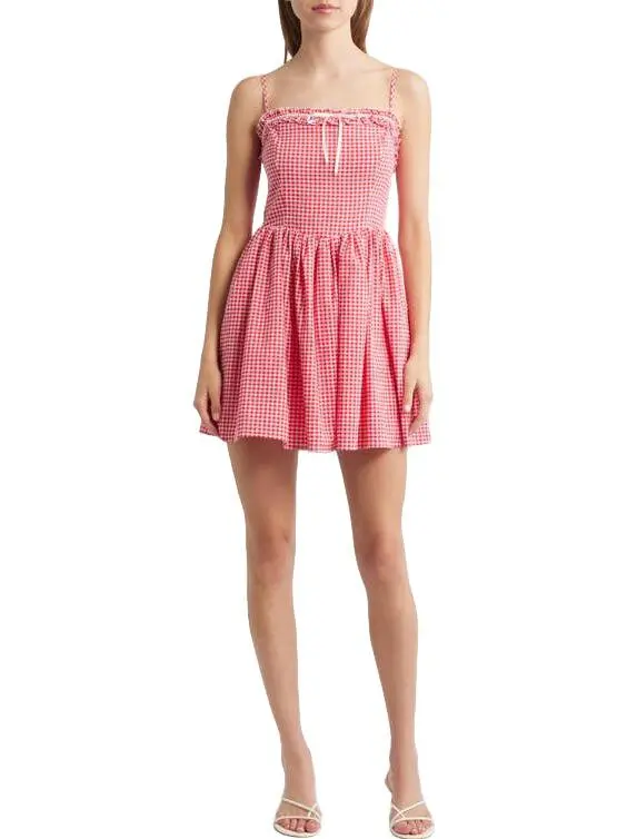 ALL IN FAVOR Cotton Blend Gingham Mini Dress - Red Gingham