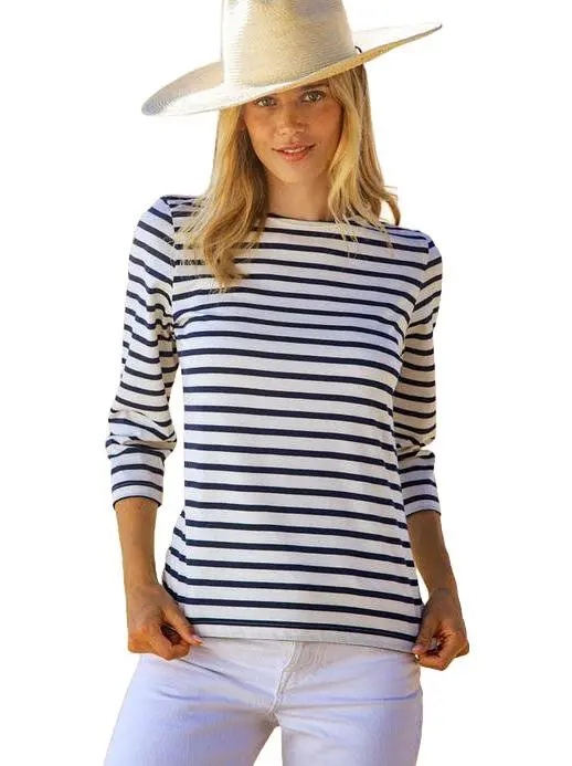 Saint James Galathee Ii 3/4 Sleeve Striped Top - Ecru/navy
