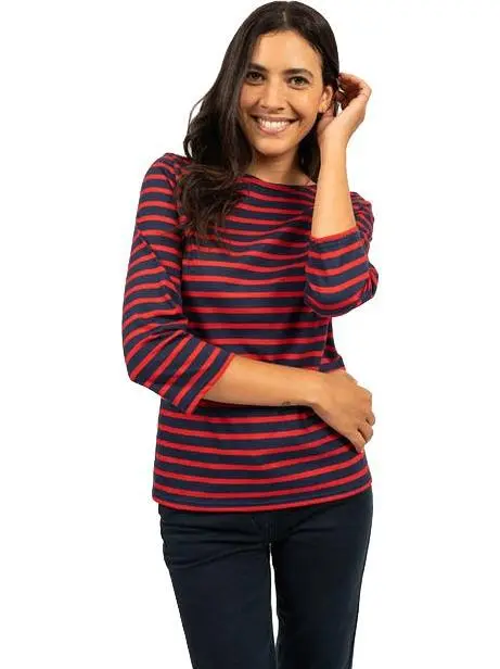 Saint James Galathee Ii 3/4 Sleeve Striped Top - Navy/red