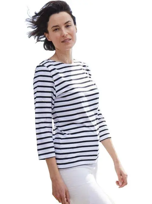 Saint James Galathee Ii 3/4 Sleeve Striped Top - White/black