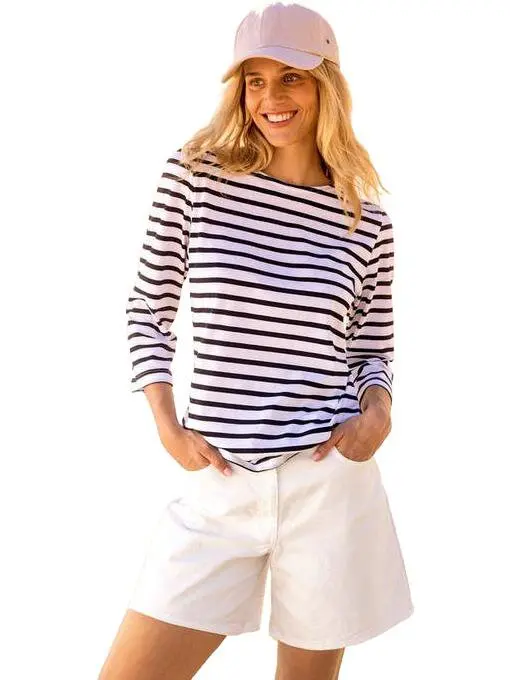 Saint James Galathee Ii 3/4 Sleeve Striped Top - White/navy