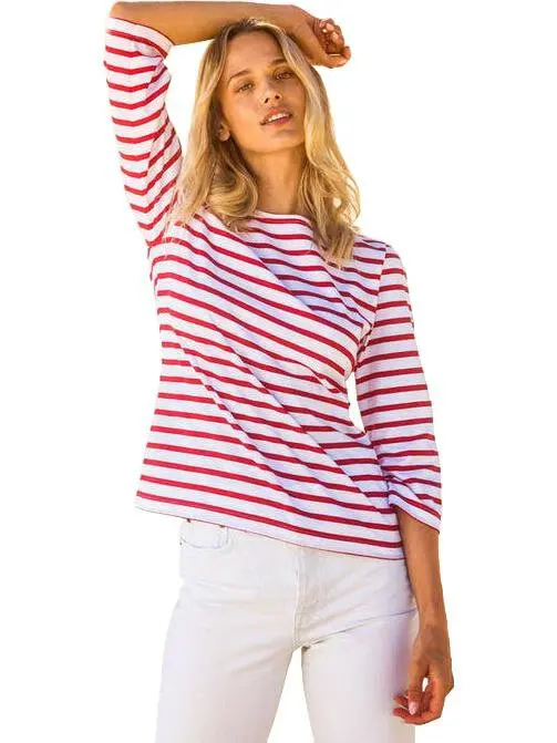 Saint James Galathee Ii 3/4 Sleeve Striped Top - White/red
