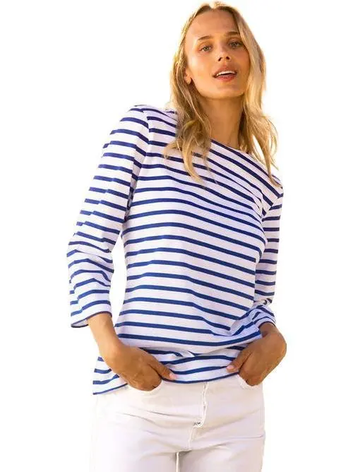 Saint James Galathee Ii 3/4 Sleeve Striped Top - White/royal Blue